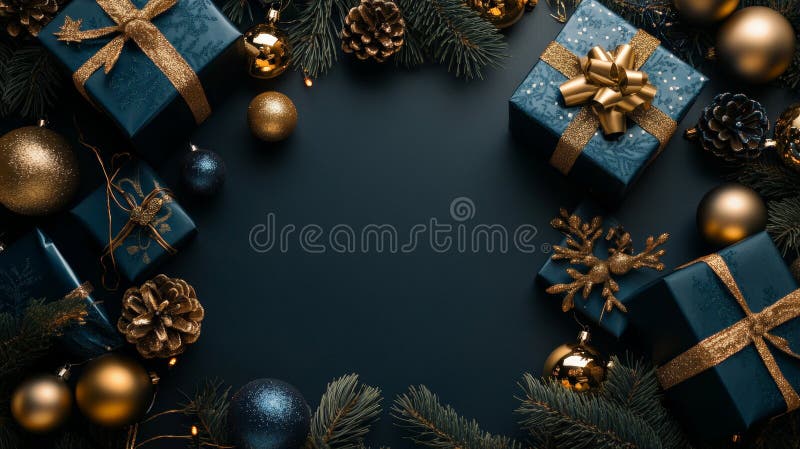 Overhead Shot of Exquisite Gift Boxes in Deep Blue and Gold, Surrounded ...