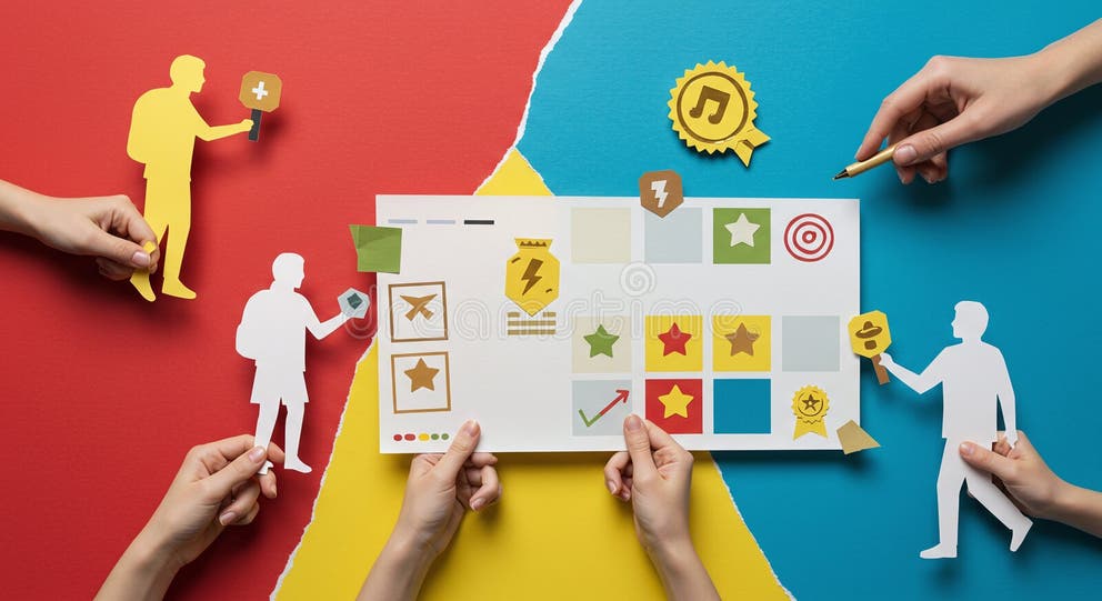 Paper Cutout People Interacting with a Grid of Icons and Symbols Stock ...