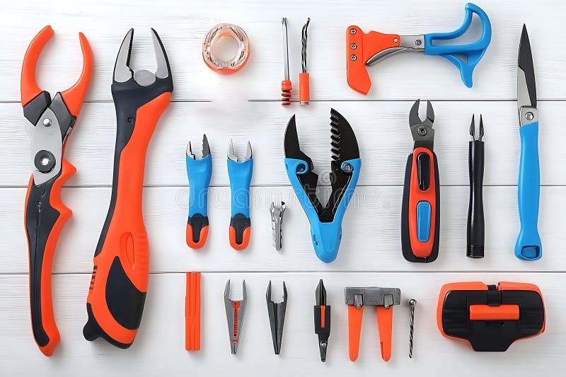 Top View of Assorted Orange and Blue Hand Tools Arranged on a White ...