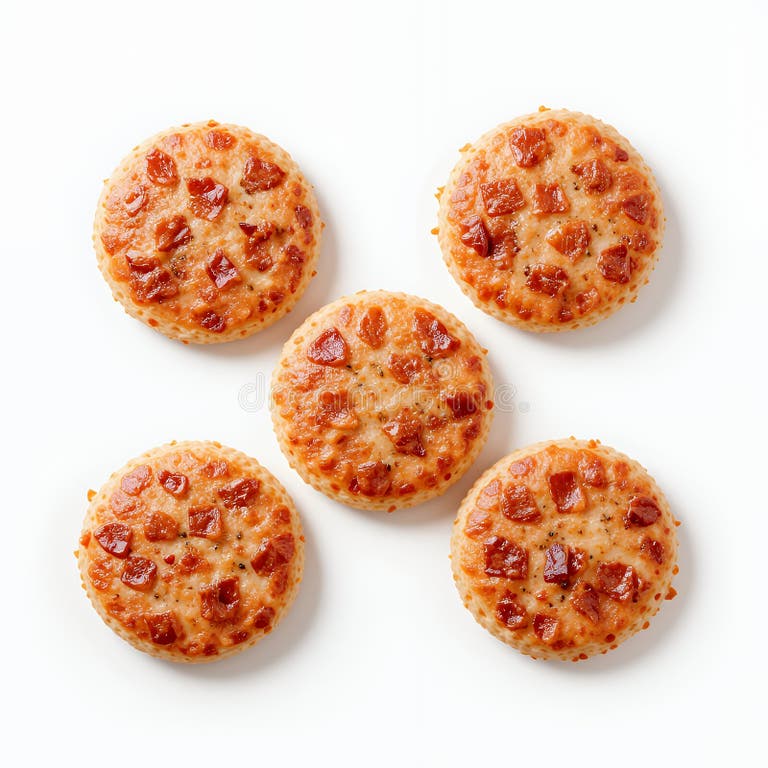 Overhead View of Five Round Pizza Crackers on White Background Stock ...