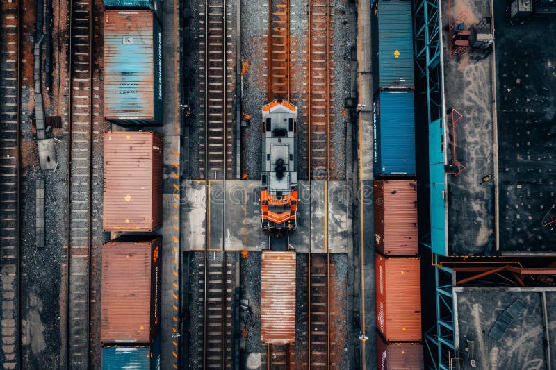 Overhead Shot of a Freight Train Navigating through a Railway Yard ...