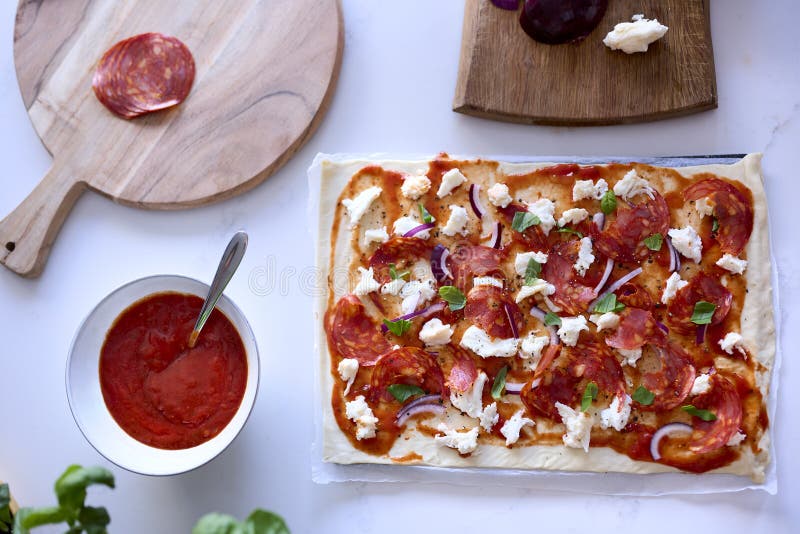 Overhead Shot of Fresh Homemade Pizza on Kitchen Counter Ready for ...