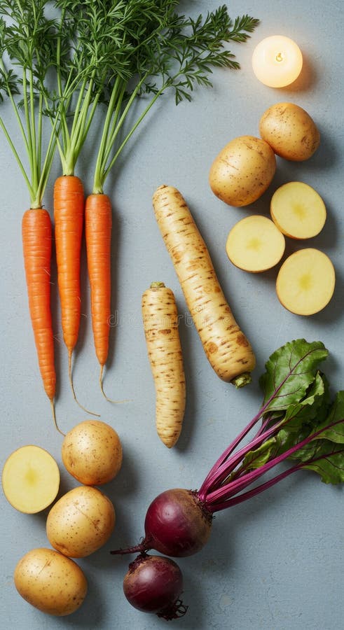 Overhead Shot of Fresh Root Vegetables and Candle Stock Illustration ...