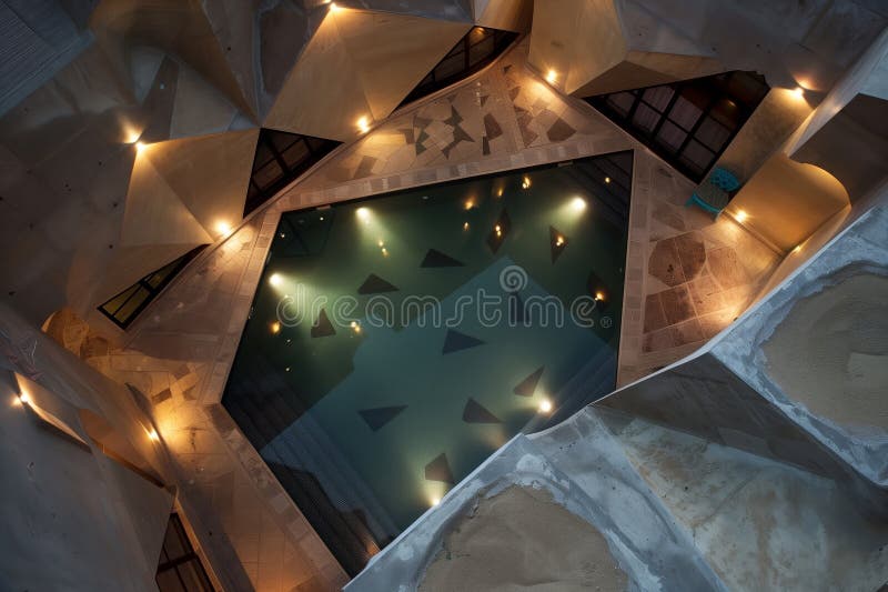 Overhead Shot of a Geometric Pool Design, Lights Accentuating Shapes ...