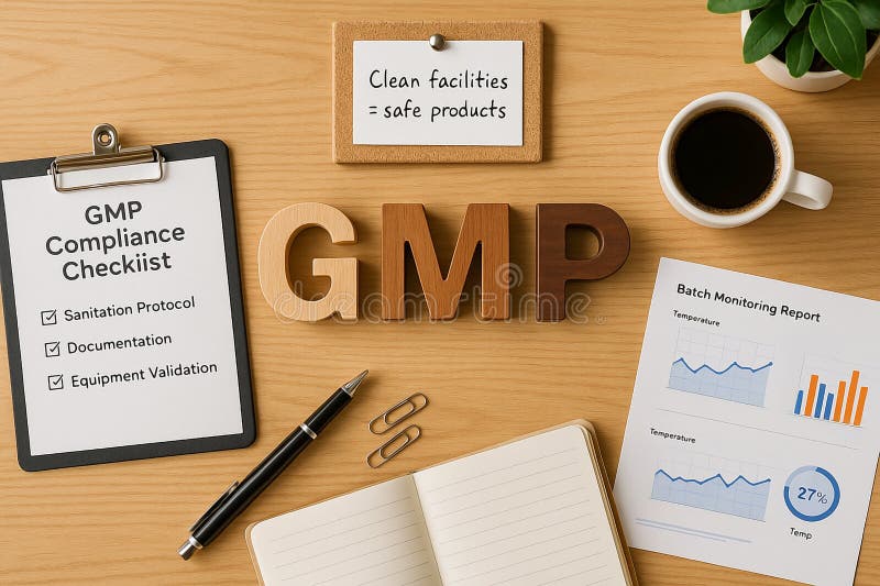 Overhead Shot of GMP: Good Manufacturing Practices Implementation with ...