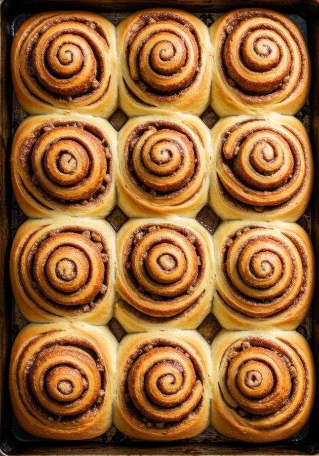 Overhead Shot of Golden Brown Cinnamon Rolls in Baking Pan Stock ...