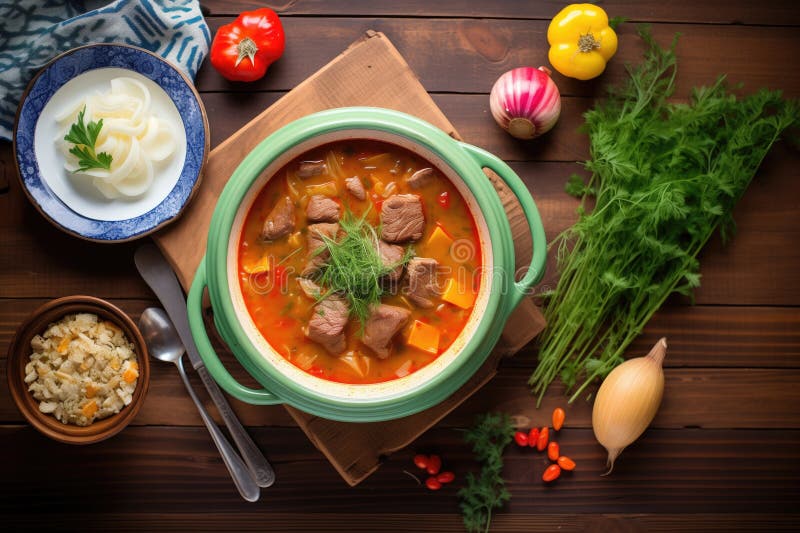 Overhead Shot of Goulash Soup on a Rustic Wood Table Stock Photo ...