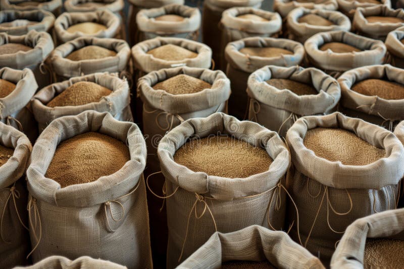 Overhead Shot of Grainfilled Burlap Sacks in Rows Stock Photo - Image ...