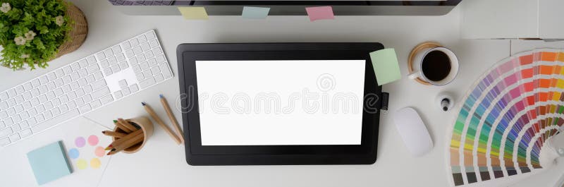 Overhead Shot of Graphic Designer Office Desk with Blank Screen Graphic ...