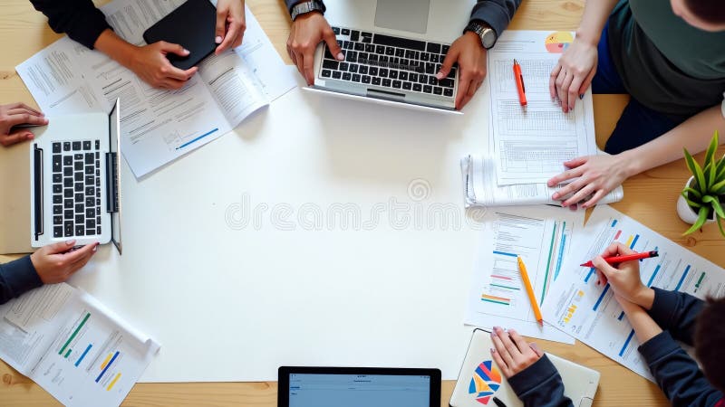 People Working Around Table with Laptops and Documents Stock ...