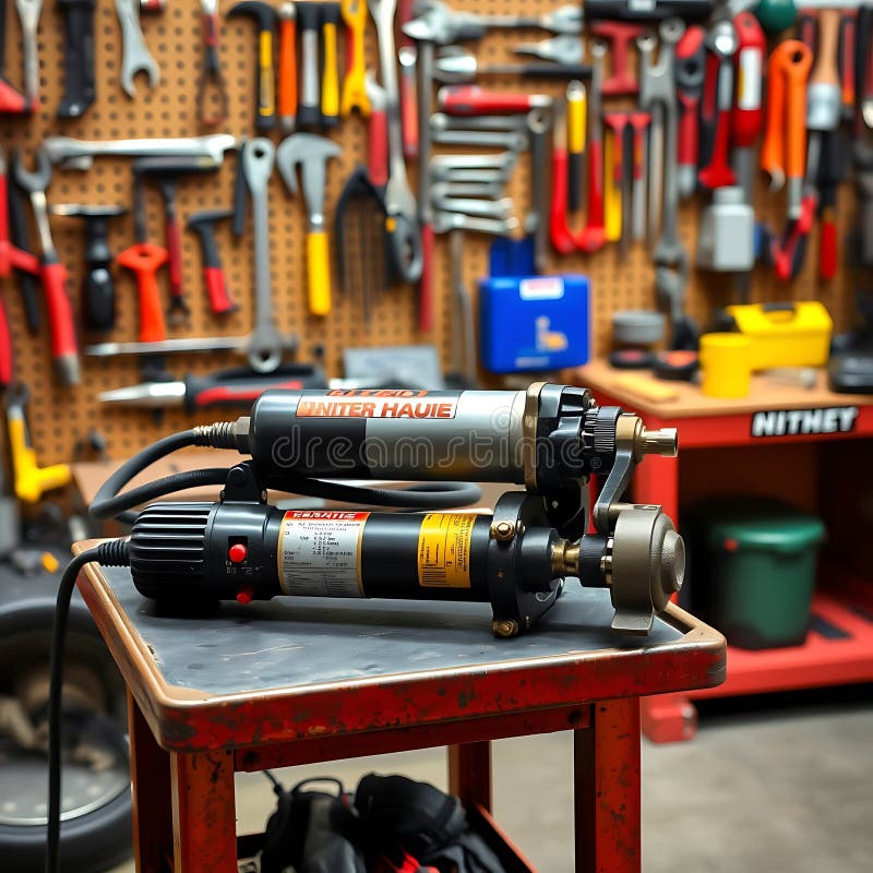 An Overhead Shot of a Hydraulic Toolset Spread Out on a Wooden ...
