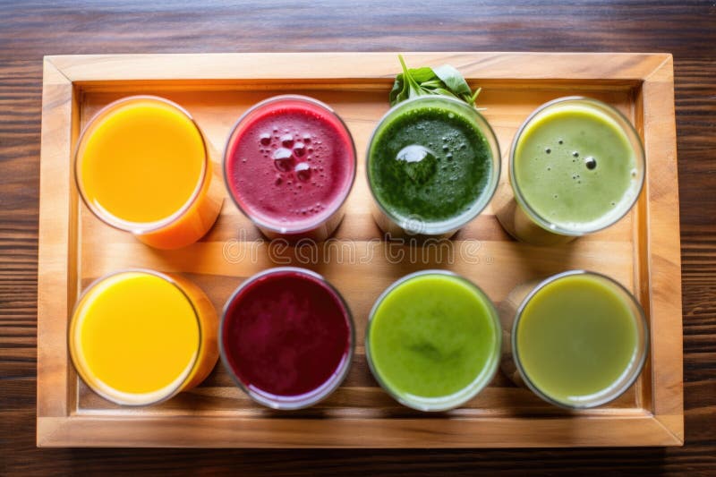 An Overhead Shot of Multiple Cold-pressed Juices on a Wooden Tray Stock ...