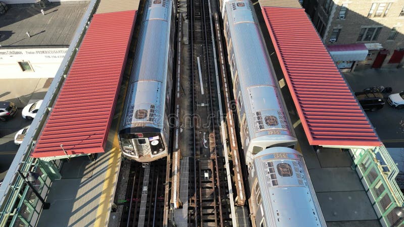 Overhead Shot of a New York City Subway Train Approaching an Elevated ...