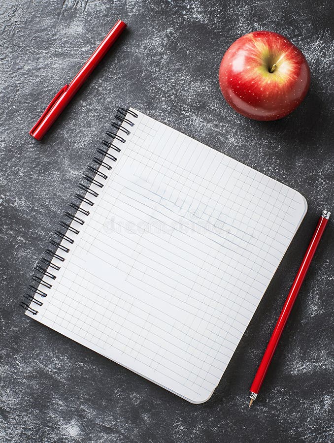 Overhead Shot of Notebook with Red Apple and Pens on a Dark Textured ...