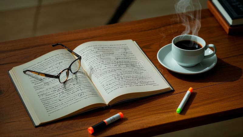 Overhead Shot of Open Textbook, Glasses, and Coffee: Cozy Study ...