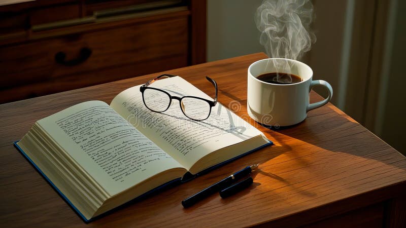 Overhead Shot of Open Textbook, Glasses, and Coffee: Cozy Study Aesthetic with Warm Lighting for ...