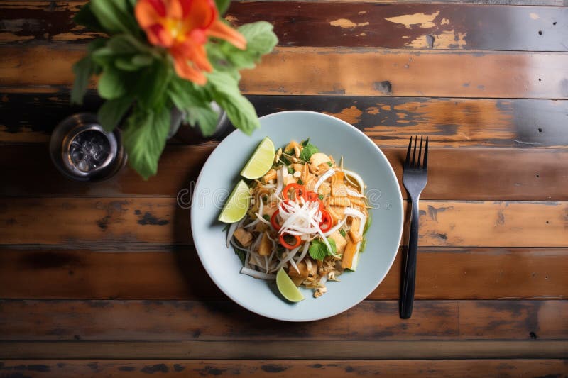 Overhead Shot of Pad Thai on Rustic Wooden Table Stock Illustration ...