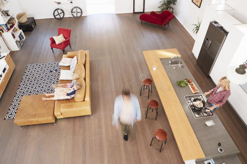 Overhead Shot of Parents Preparing Meal Children in Kitchen Stock Image ...