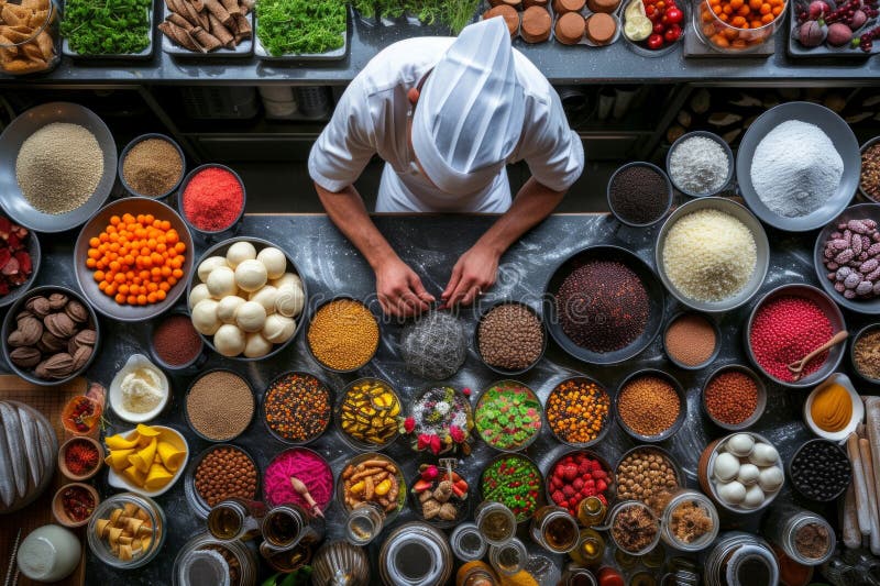 An Overhead Shot of a Pastry Chef Surrounded by an Array of Colorful ...