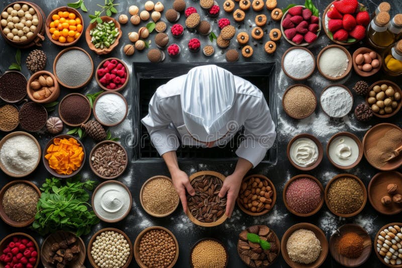 An Overhead Shot of a Pastry Chef Surrounded by an Array of Colorful ...