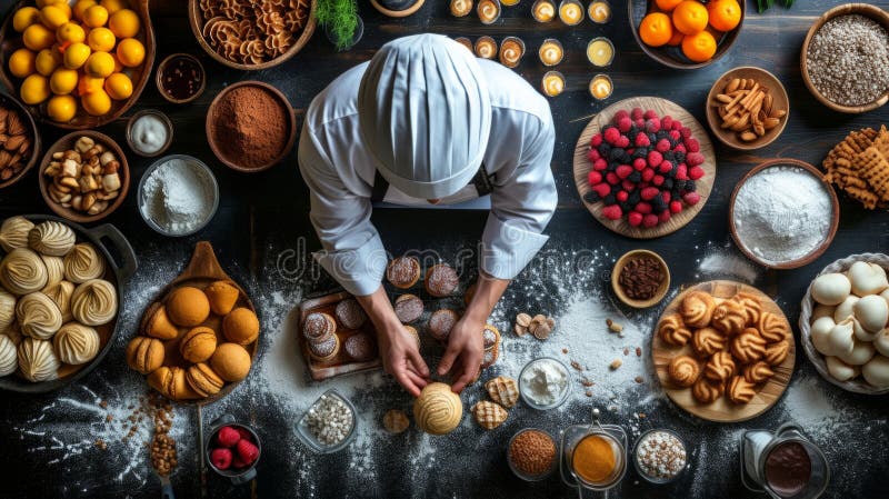 An Overhead Shot of a Pastry Chef Surrounded by an Array of Colorful ...