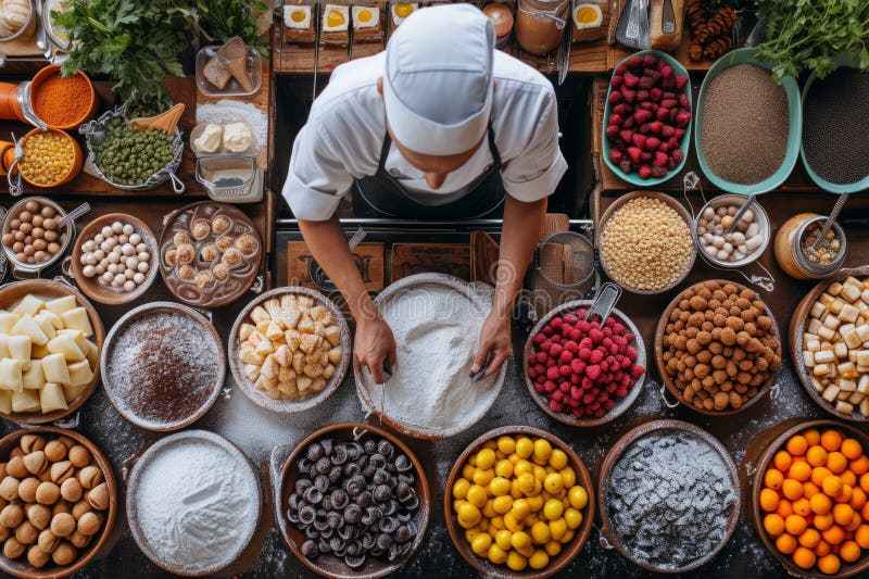 An Overhead Shot of a Pastry Chef Surrounded by an Array of Colorful ...