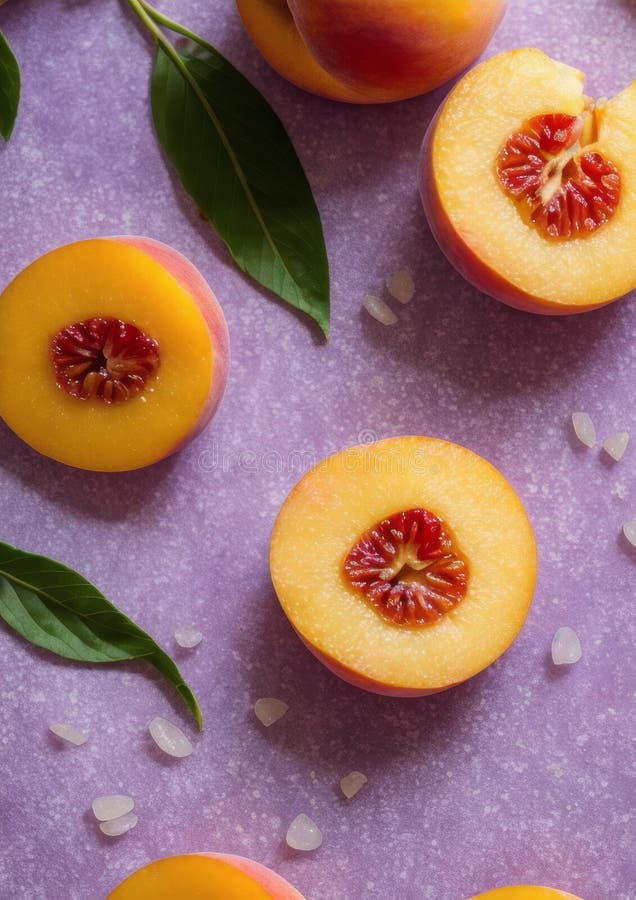 Overhead Shot of Peach Slices Meticulously Placed on a Soft Lavender ...