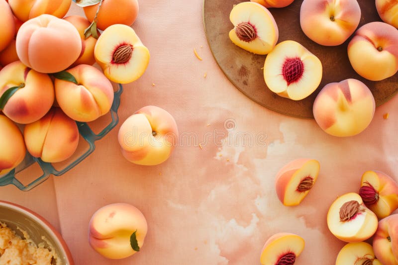 Overhead Shot of a Peachcolored Tablecloth with a Spread of Peaches ...
