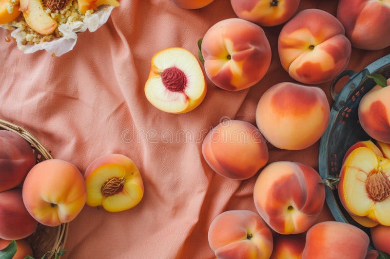 Overhead Shot of a Peachcolored Tablecloth with a Spread of Peaches ...