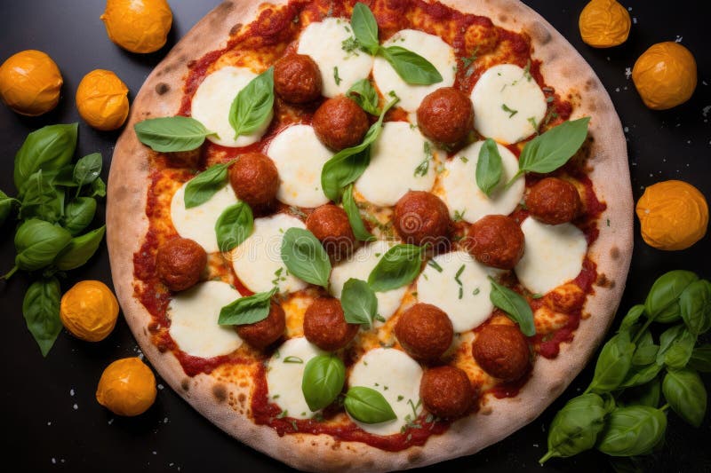 An Overhead Shot of Pepperoni Pizza with Basil Leaves and Mozzarella ...