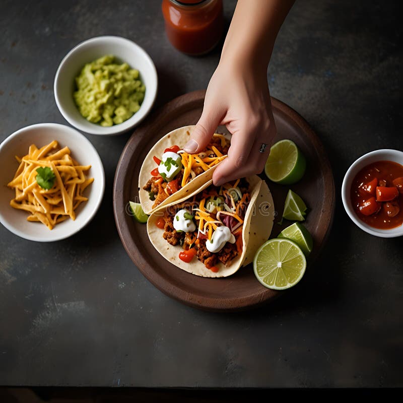 Overhead Shot of a Persons Hand Reaching for a Taco with Drinks and ...