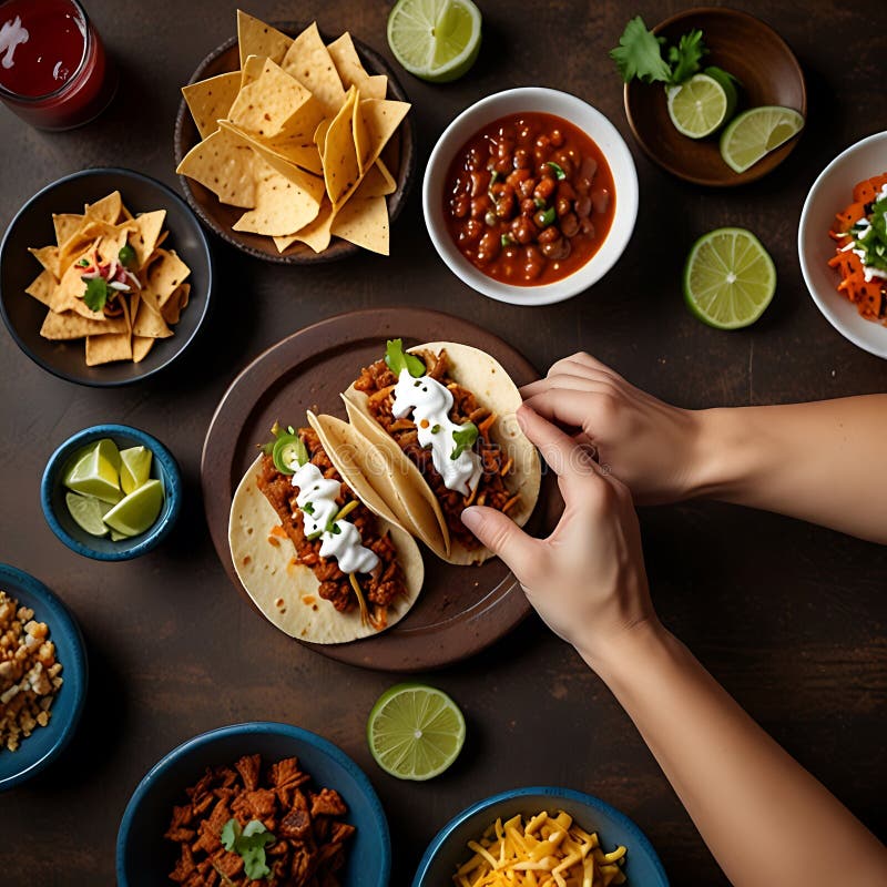Overhead Shot of a Persons Hand Reaching for a Taco with Drinks and ...