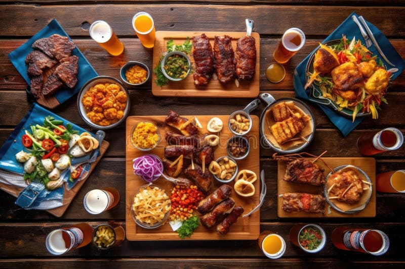 Overhead Shot of Picnic Table with Craft Beers and Bbq Spread Stock ...