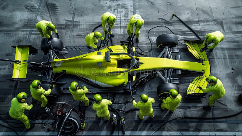 Overhead Shot of Pit Crew in Blue Uniforms Performing Pit Stop ...