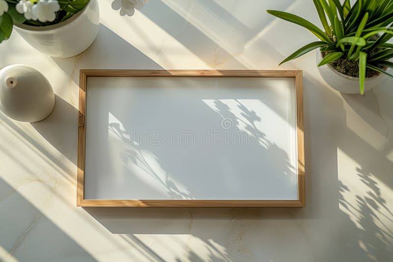 Overhead Shot of a Plain White Print in a Modern Wooden Frame Lay Flat ...
