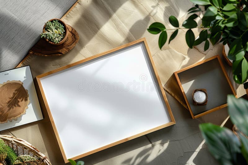 Overhead Shot of a Plain White Print in a Modern Wooden Frame Lay Flat ...