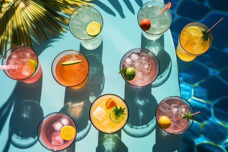 An Overhead Shot of a Poolside Table Adorned with Colorful Glasses of ...