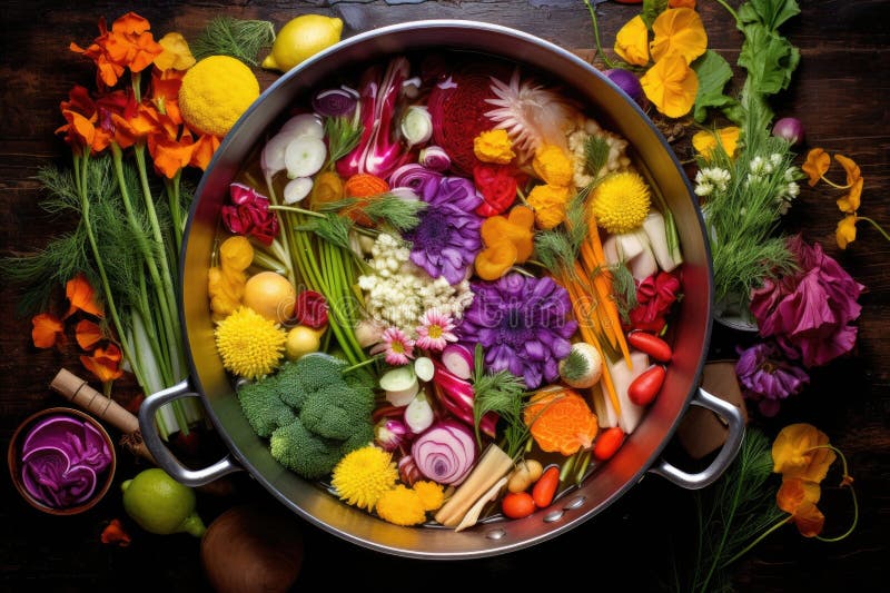 Overhead Shot of Pot Filled with Colorful Vegetables and Broth Stock ...