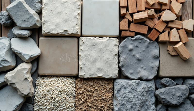 Varied Building Materials Textured Square Sections on Wooden Surface ...