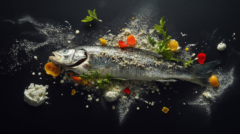 Overhead Shot of Raw Fish with Herbs and Spices Stock Illustration ...