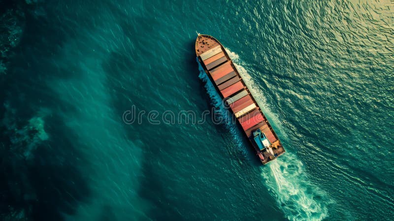 An Overhead Shot Reveals a Large Container Ship Cruising through the ...