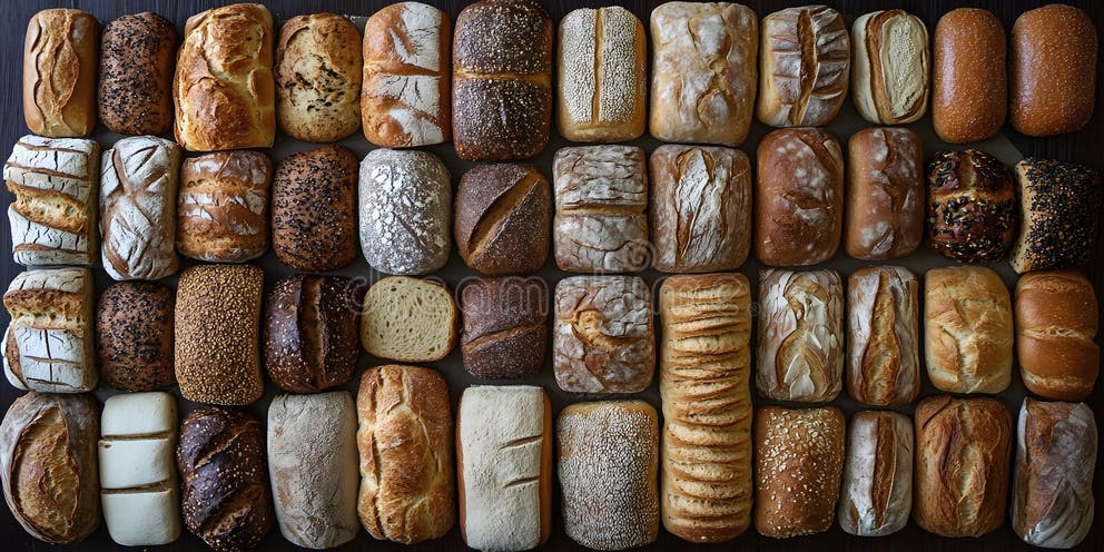 An Overhead Shot of Rows of Assorted Loaves of Bread Arranged on a Dark ...