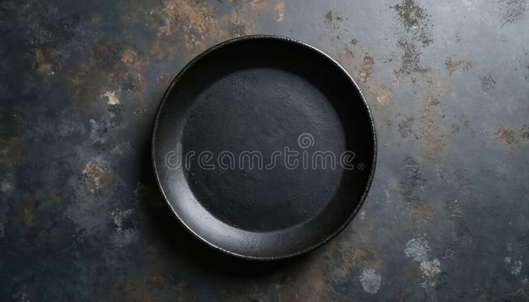 Overhead Shot Rustic Black Cast Iron Plate on Textured Dark Concrete ...