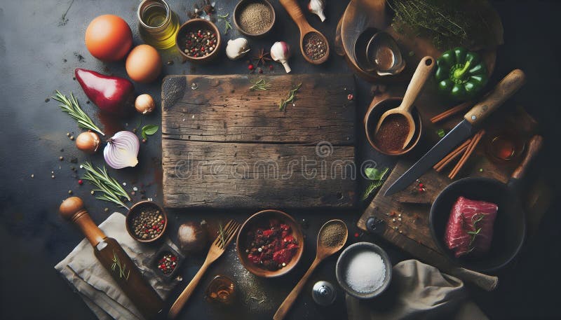 Overhead Shot of Rustic Kitchen Setup with Raw Ingredients, Scattered ...
