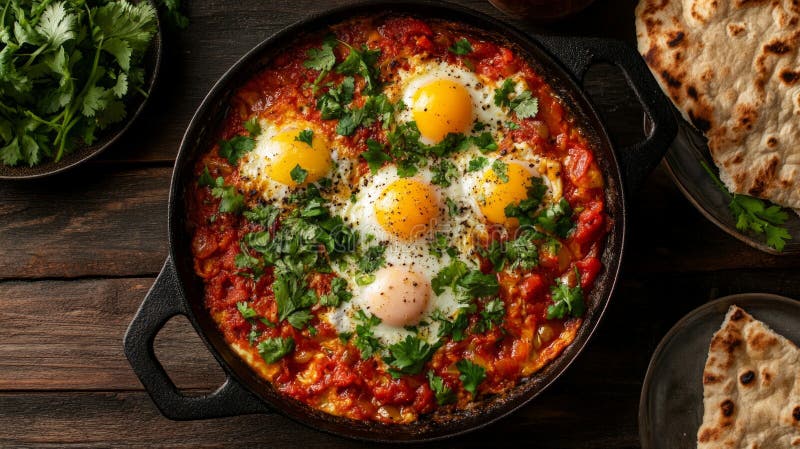 Overhead Shot of Shakshuka in Cast Iron Pan Stock Illustration ...