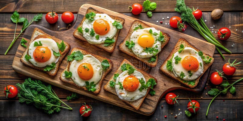Overhead Shot of Six Fried Eggs on Toast with Herbs and Cherry Tomatoes ...
