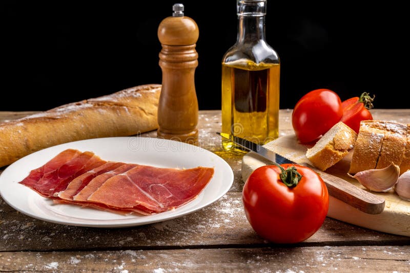 Overhead Shot of Snacks for Lunch with Bread and Meat and Tomatoes ...
