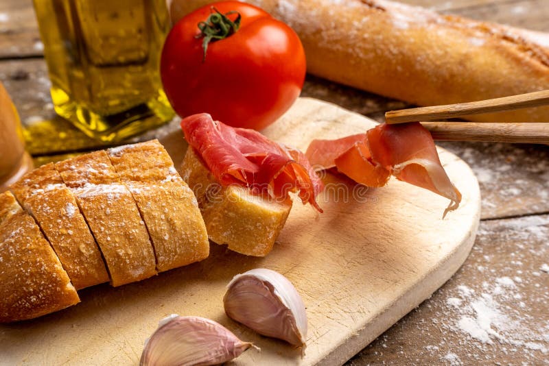 Overhead Shot of Snacks for Lunch with Bread and Meat and Tomatoes ...