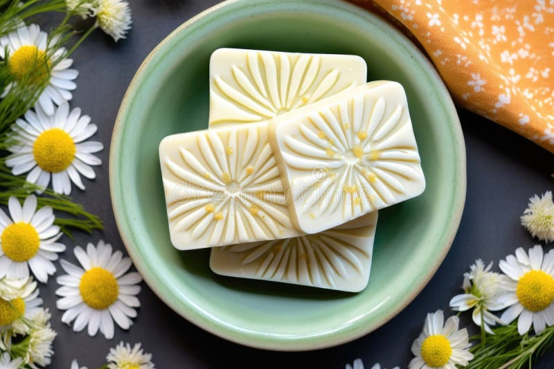 Overhead Shot of a Soap Bar in a Ceramic Dish, with Daisies on the Side ...