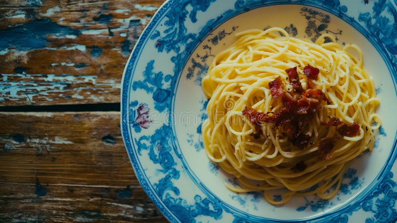 Overhead Shot of Spaghetti Carbonara on a Blue and White Floral ...